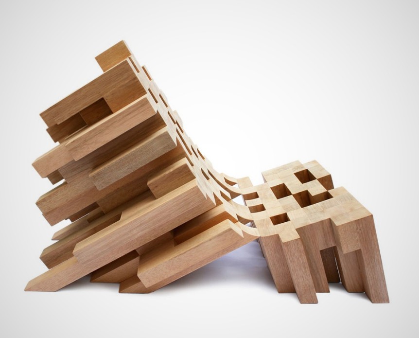 Butake Wooden Pixellated Lounge Chair by Raúl Téllez Herrera - Homeli